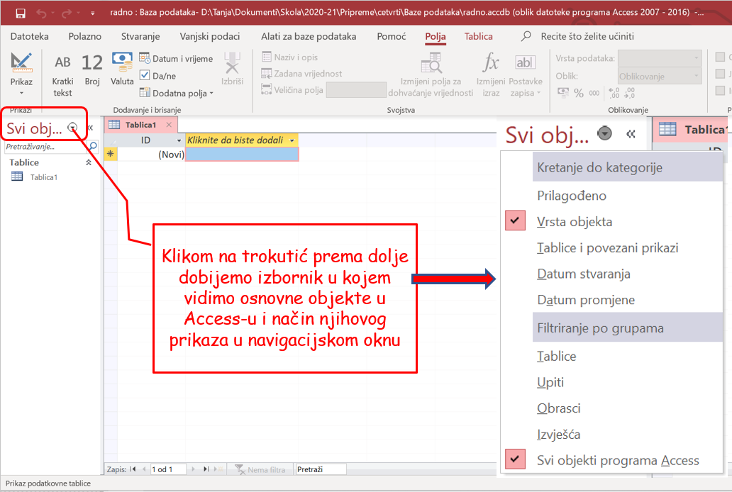 MS Access: Sučelje MS Access-a
